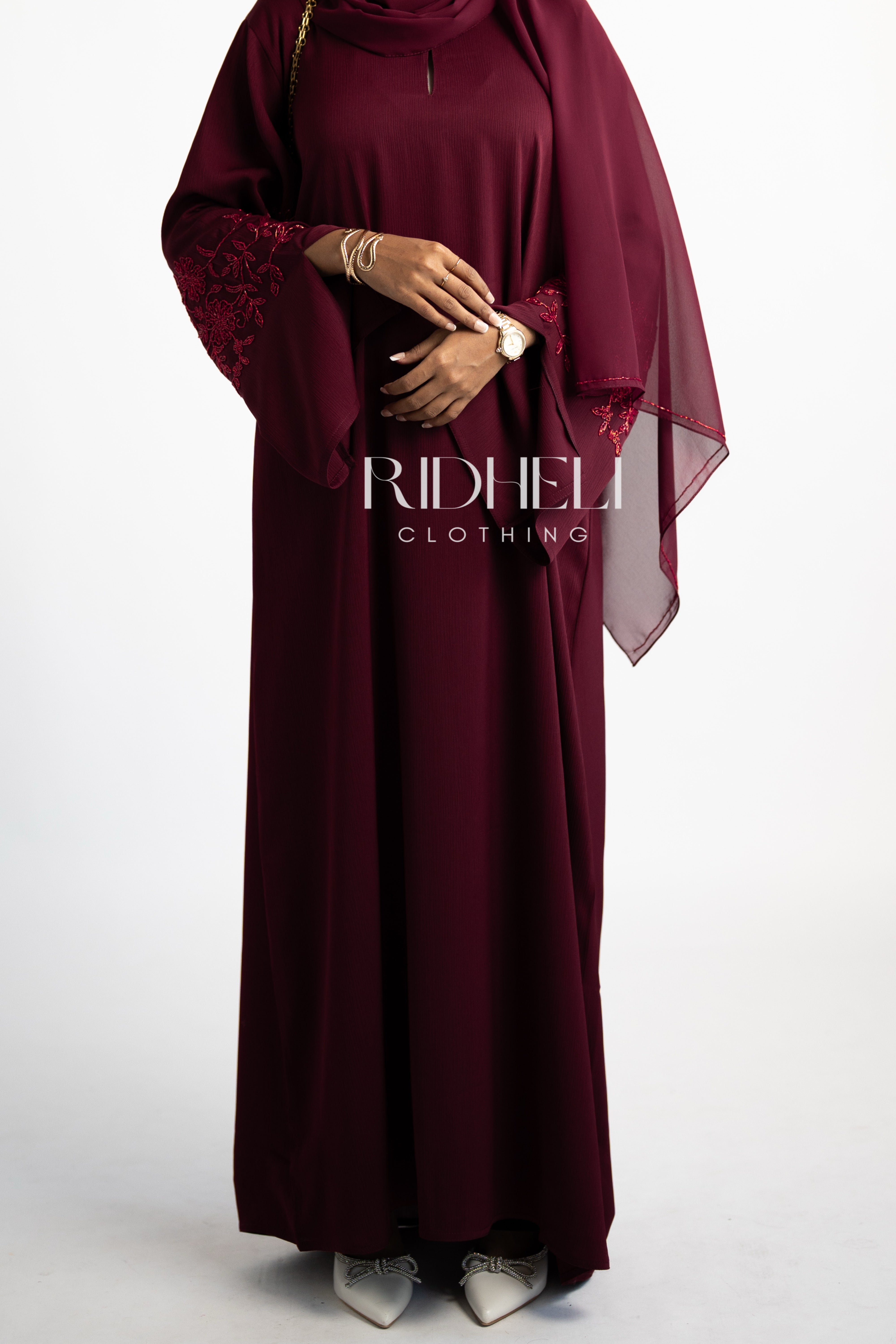 NOOR DARK RED BEADED ABAYA – Ridheli Clothing
